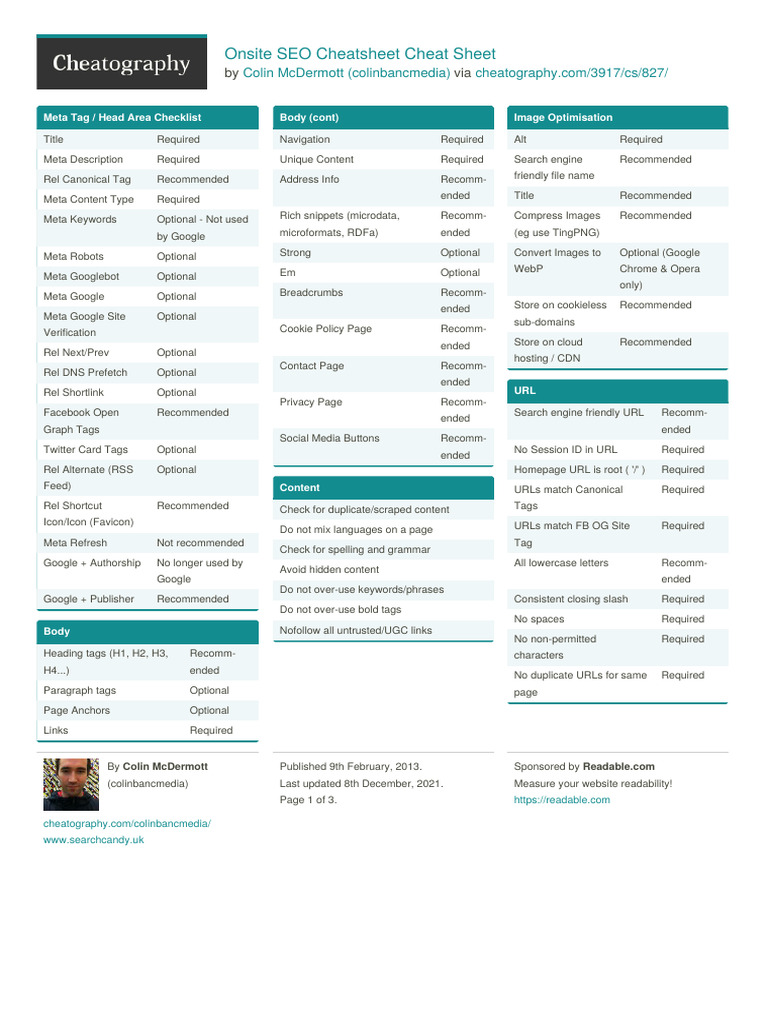 Colinbancmedia - Onsite Seo Cheatsheet | Download Free PDF | Search Engine Optimization | Hypertext