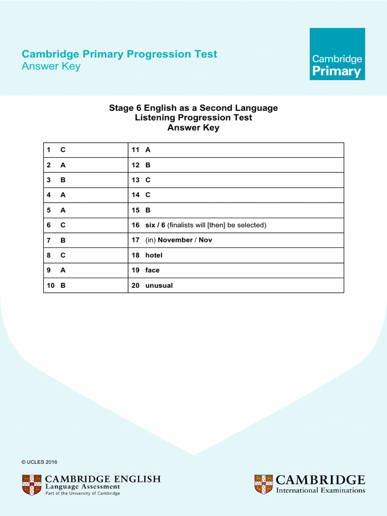 Cambridge Primary Progression Test - English As A Second Language 2016 ...