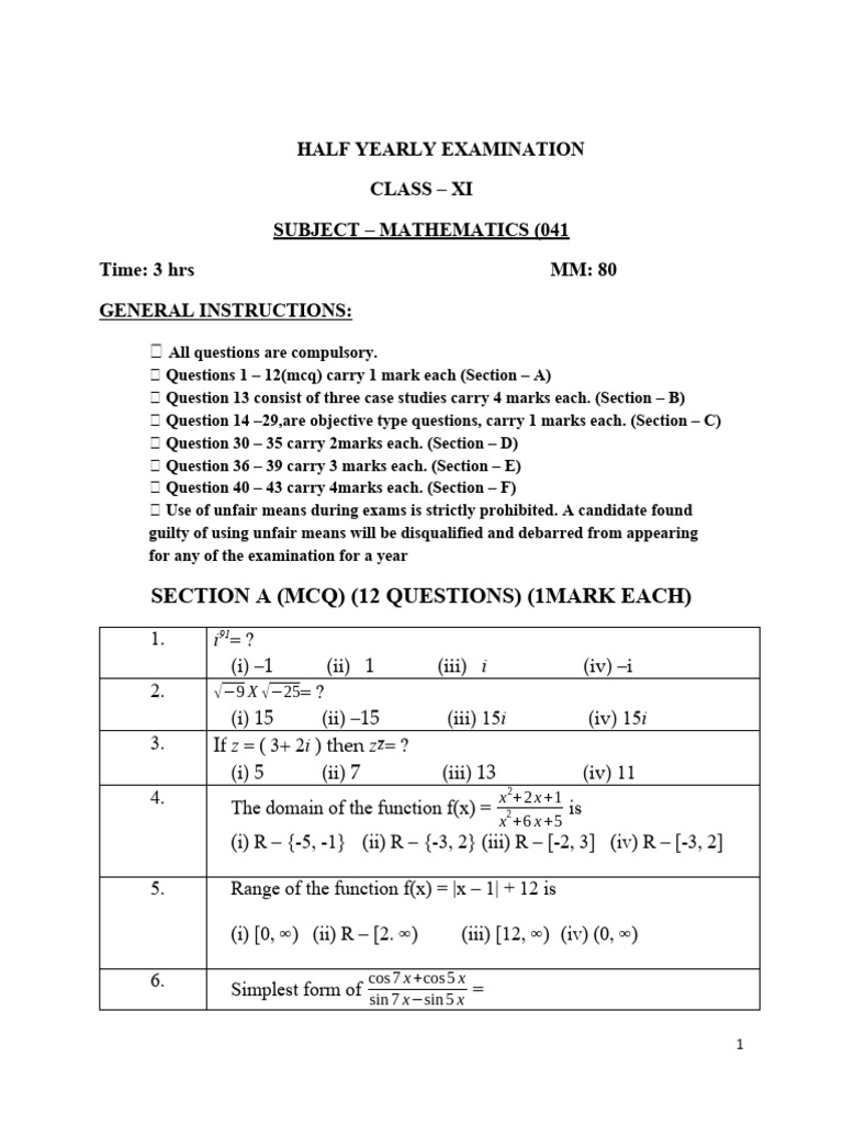 Halfyearly Maths Class11 Set1 | PDF | Evaluation | Mathematics