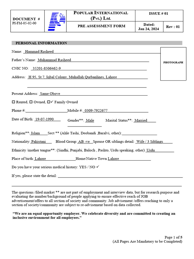 Pre Assessment Form | Download Free PDF | Microsoft Excel