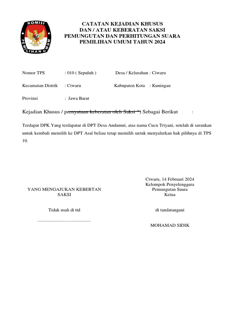 Contoh Catatan Kejadian Khusus | PDF Contoh Catatan Kejadian Khusus | PDF