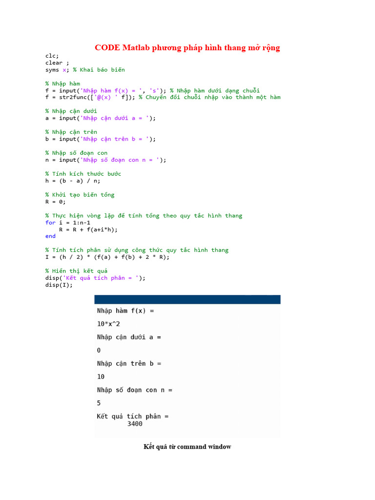 CODE Matlab Phương Pháp Hình Thang M R NG | PDF