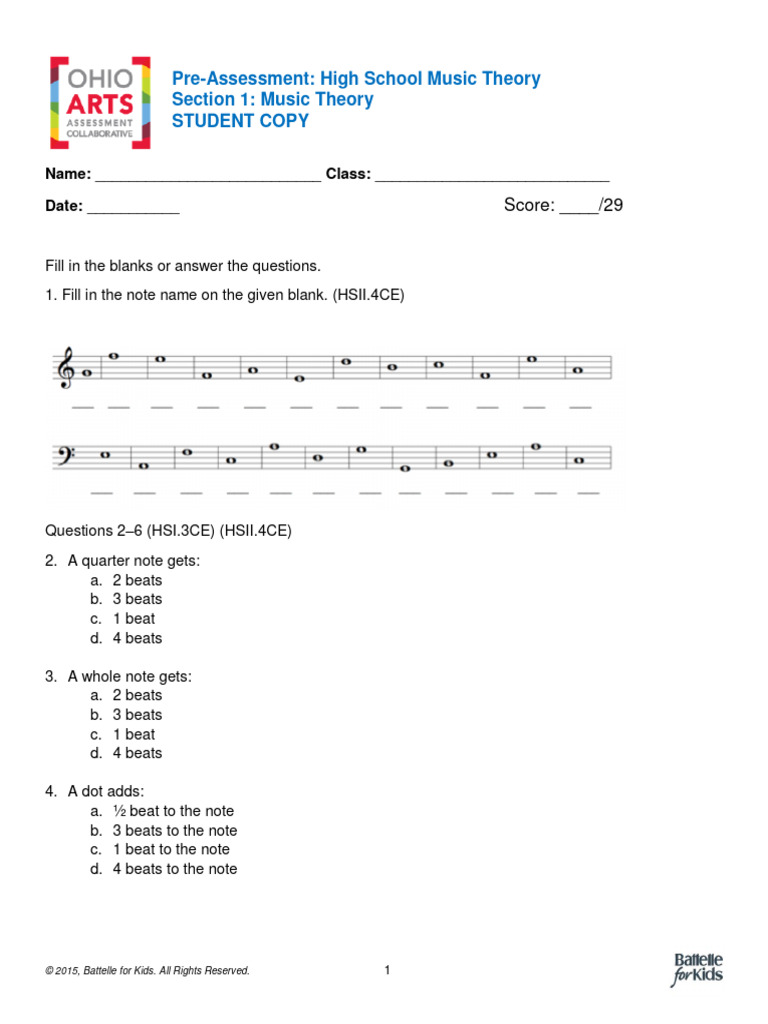 High School Music Theory - Student Assessment Pre Post | PDF | Clef ...