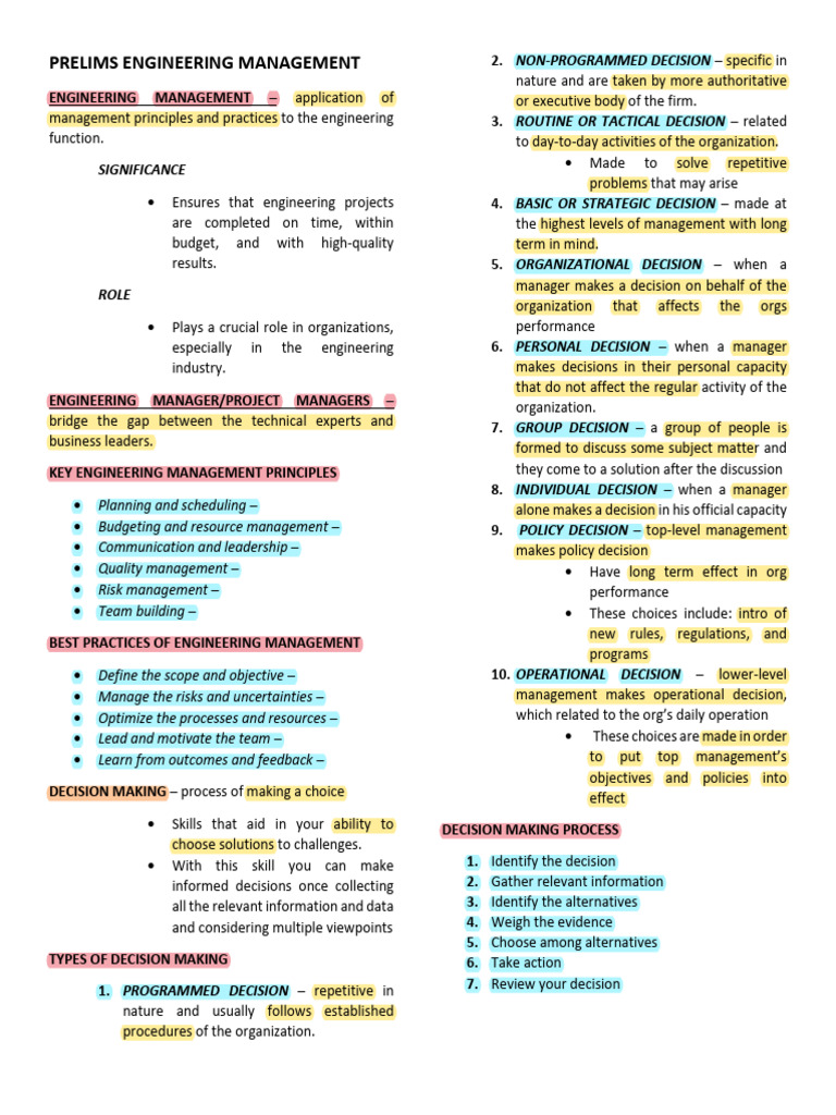 Prelims Engineering Management | PDF | Decision Making | Employment