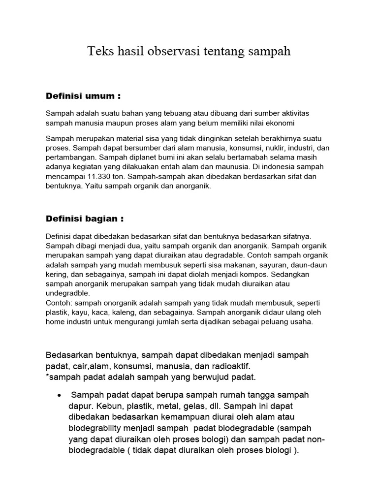 Teks Hasil Observasi Tentang Sampah | PDF