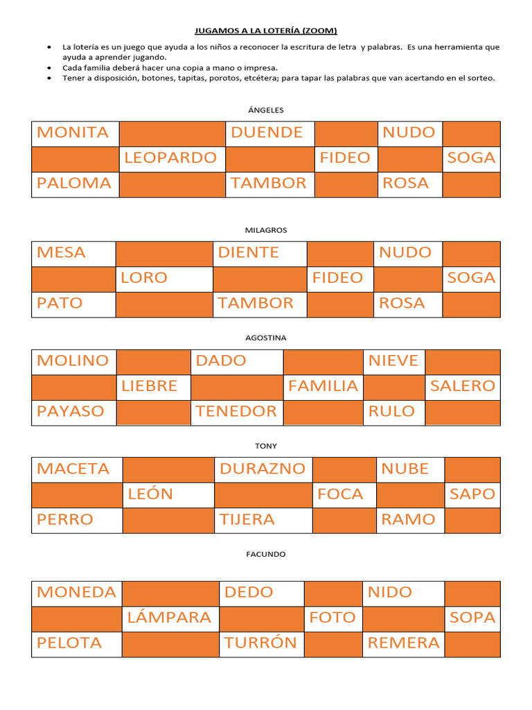 Lotería de Palabras | PDF