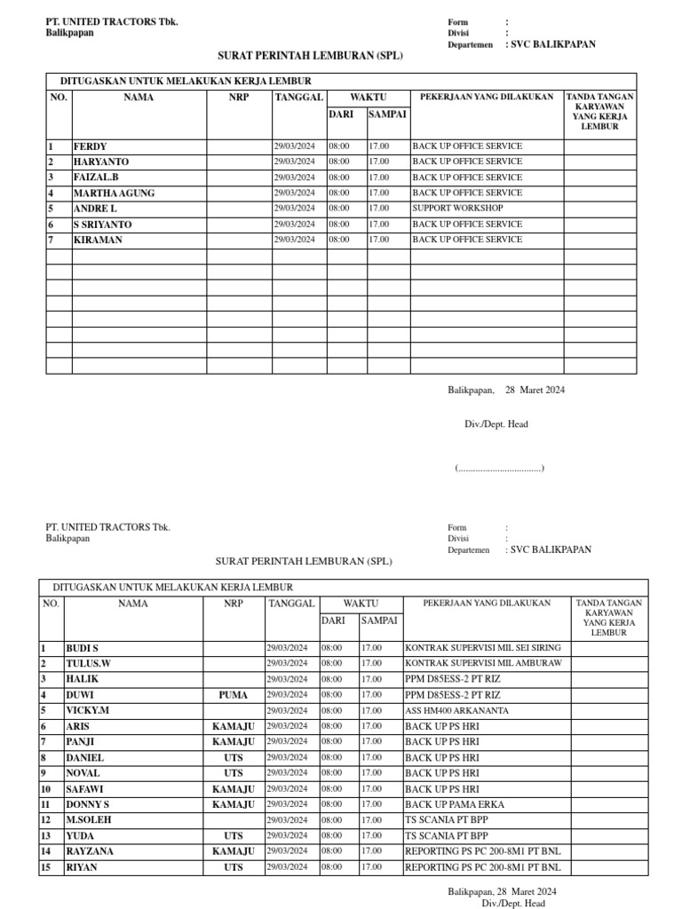 Surat Perintah Lemburan (SPL) : Pt. United Tractors TBK.: Balikpapan ...