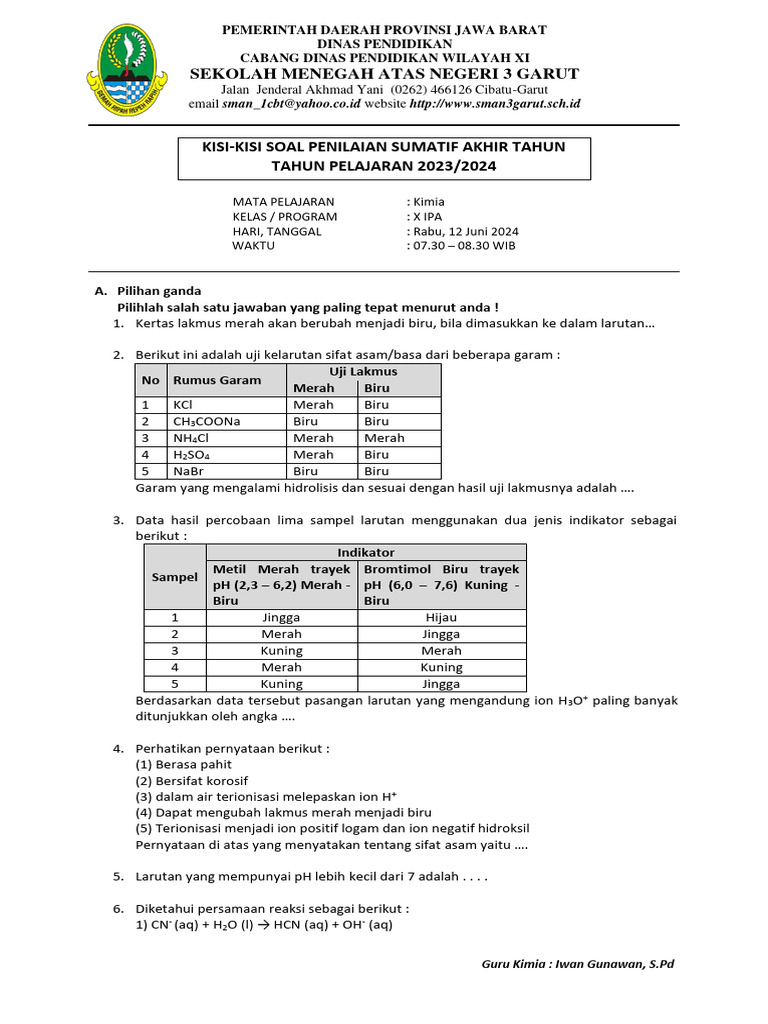 Kisi-Kisi Psat Kimia Genap Xi Ipa TP 2023-2024 | PDF