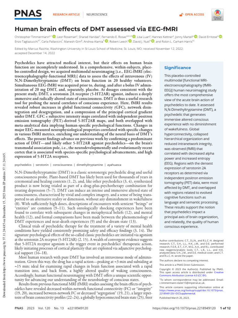 Timmermann Et Al 2023 Human Brain Effects of DMT Assessed Via Eeg Fmri | PDF | Psychedelic Drugs ...