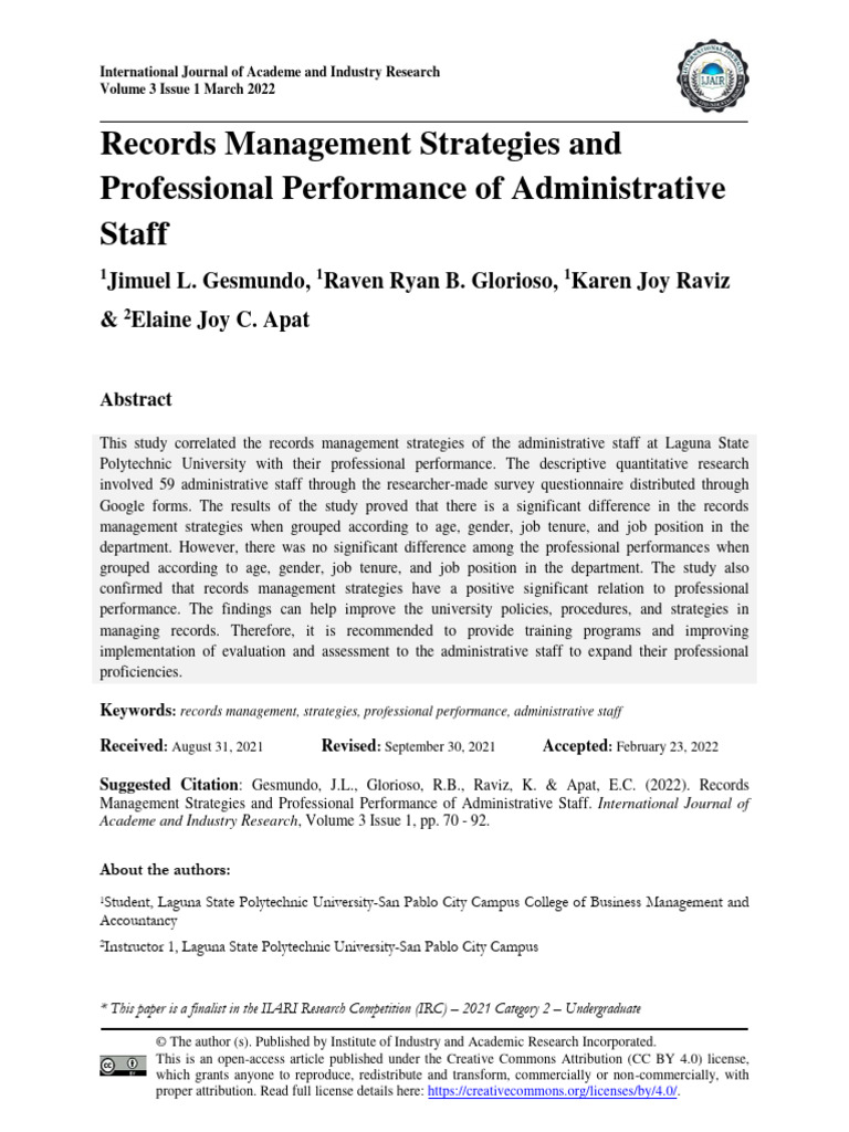 Records Management Strategies and Professional Performance of ...