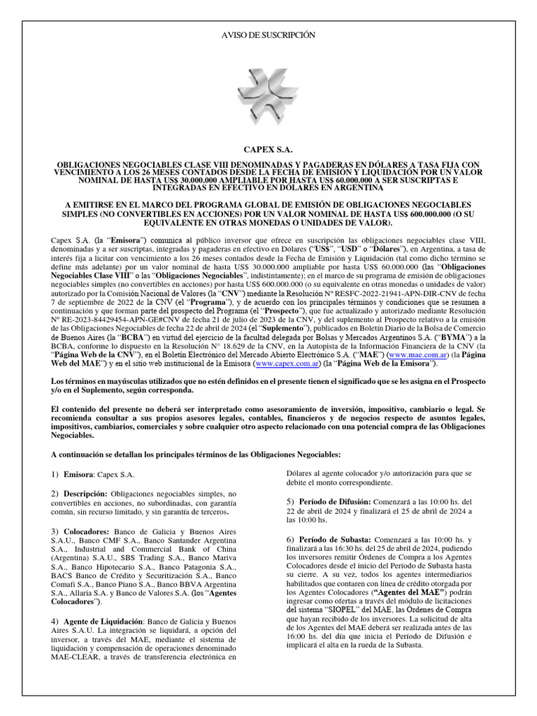 44457.on CAPEX CLASE 8 - Aviso de Suscripcion | Descargar gratis PDF | Interés | Dólar de los ...