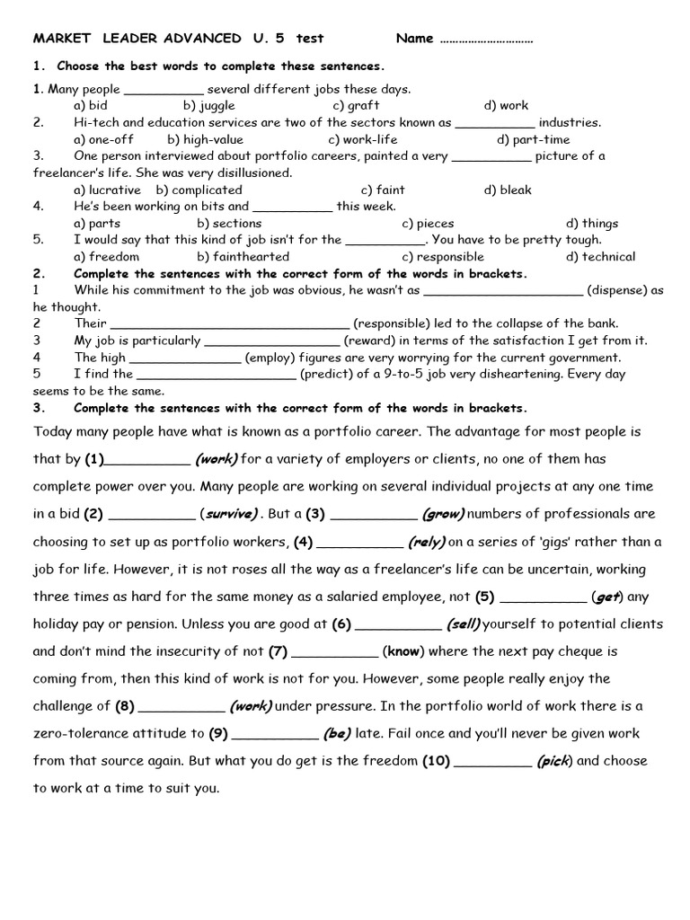 market leader advanced unit 5 test F | Download Free PDF | Employment ...