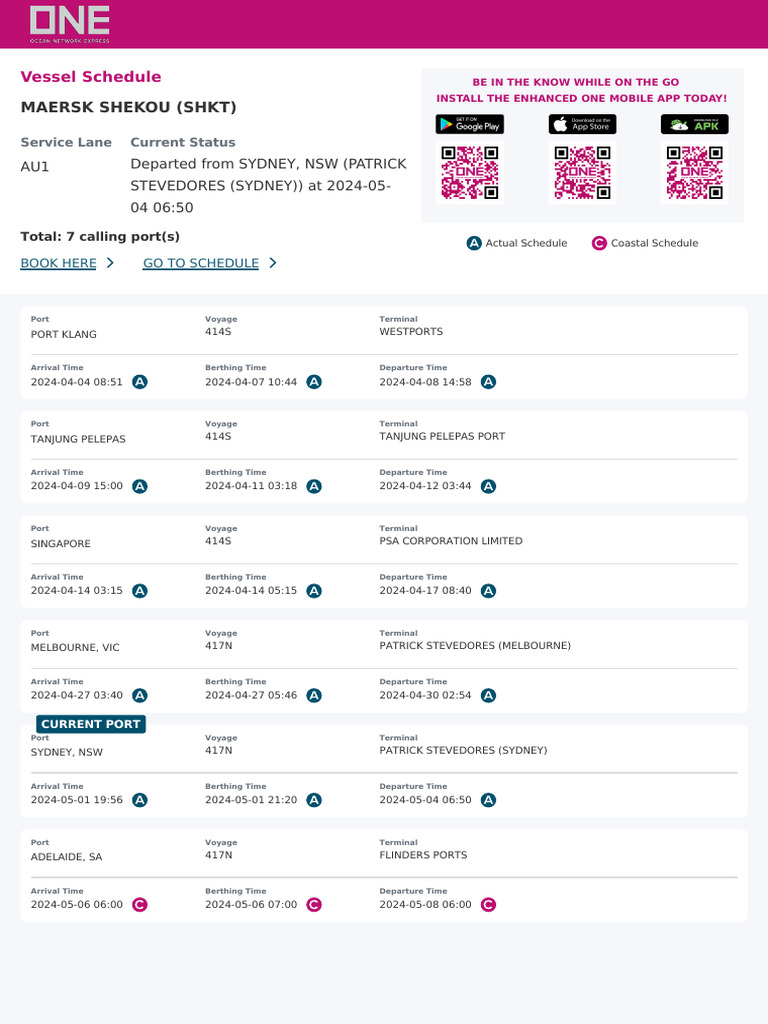 ONE Vessel Schedule 20240506 | PDF | Shipping