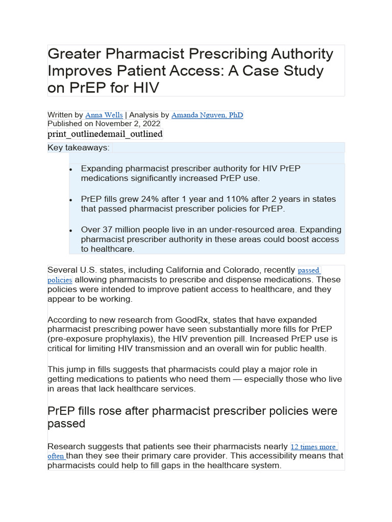 Expanding Pharmacist Prescribing for PrEP | PDF | Pharmacist | Medical ...
