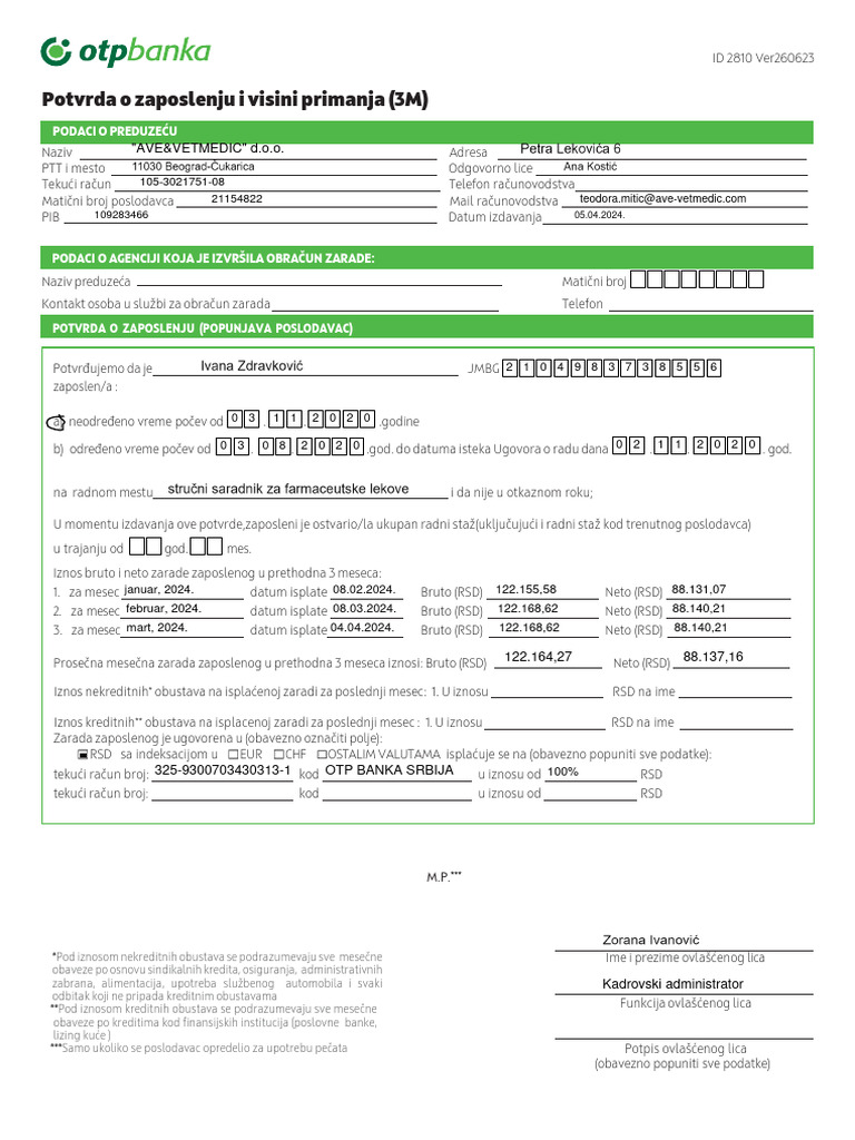 Potvrda o Zaposlenju I Visini Primanja 3m Novo | PDF