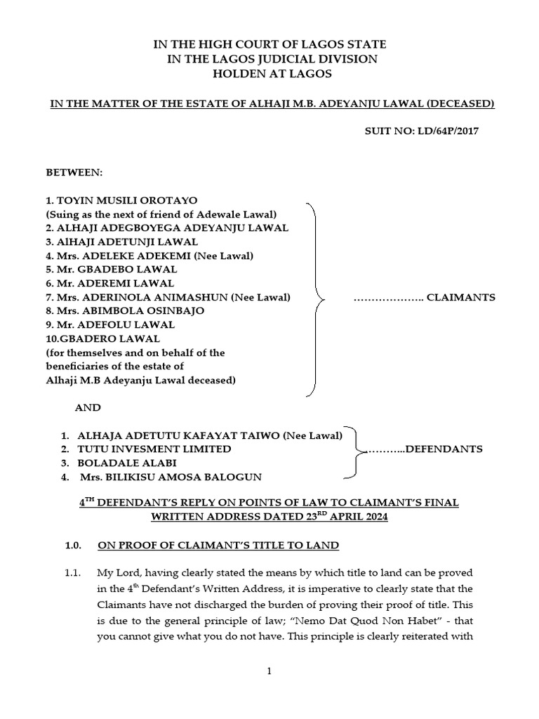 4TH DEFENDANT FINAL WRITTEN ADDRESS | PDF | Hearsay | Power Of Attorney