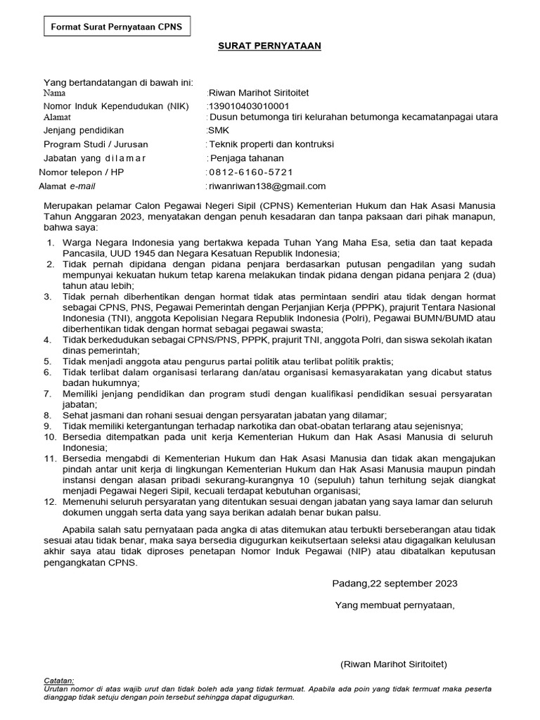 Surat - Pernyataan - CPNS - 2023 (3) (1) (1) .Pdf-Riwan Marihot Siritoitet | PDF