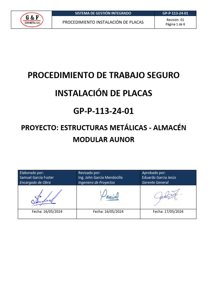 GP-P-113-24-01 PETS INSTALACION DE PLACAS Rev01 | PDF