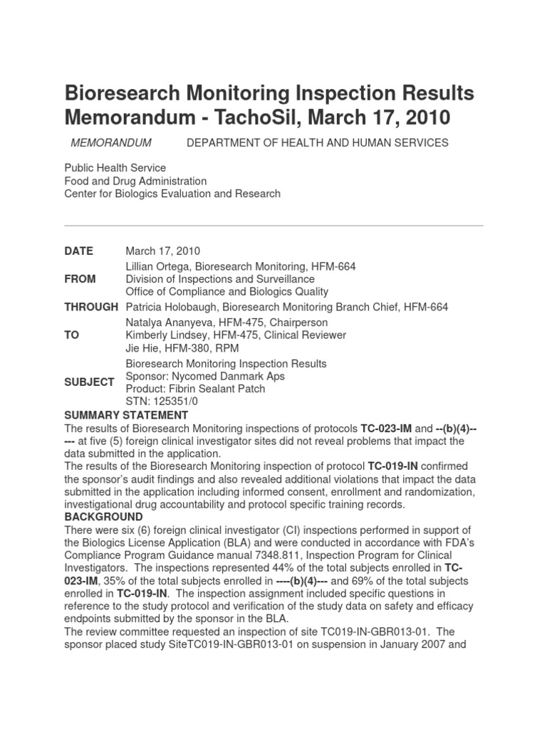 Bioresearch Monitoring Inspection Results Memorandum - TachoSil, March ...