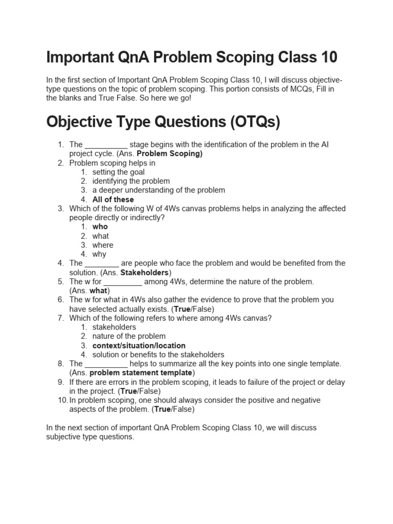 Important QnA Problem Scoping Class 10 | PDF | Artificial Intelligence | Intelligence (AI ...
