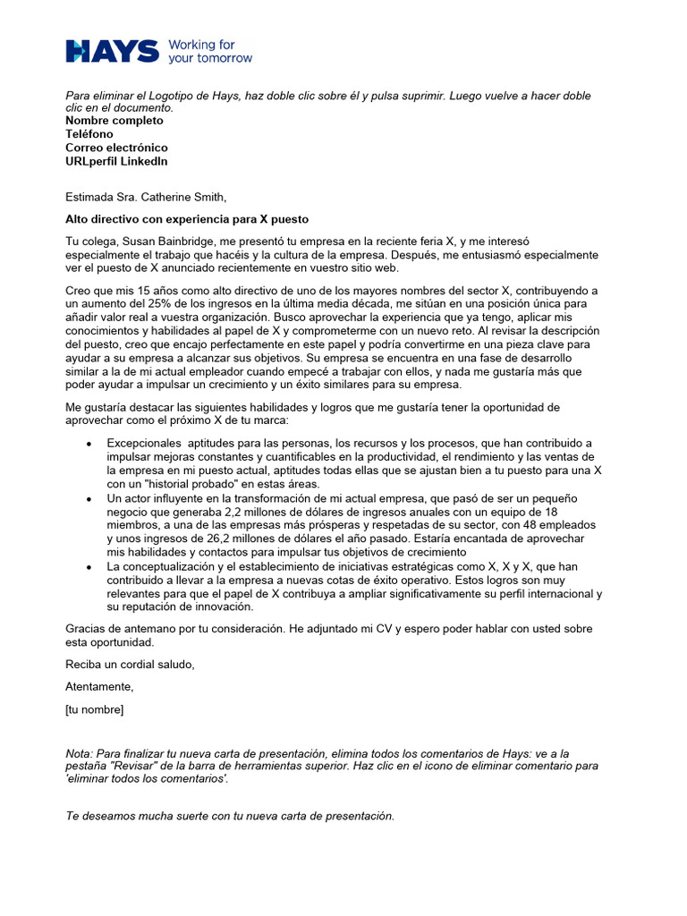 Candidates - Cover Letter - Template - Spanish - Hays | PDF | Business ...