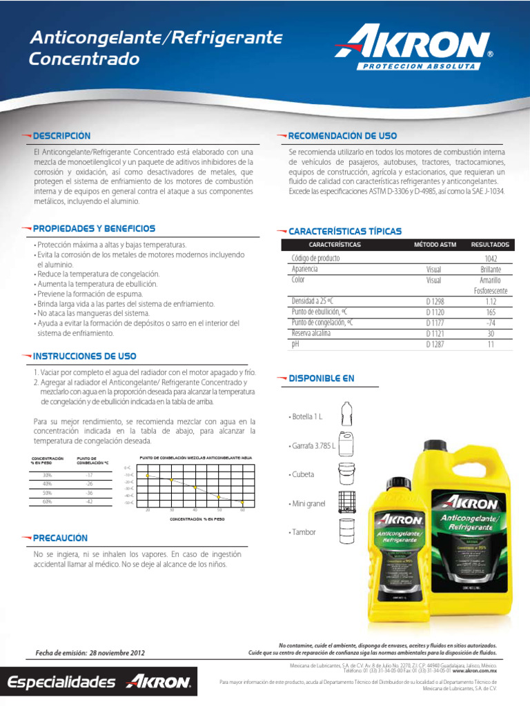 Akron Anticongelante Concentrado | PDF | Refrigerante | Química