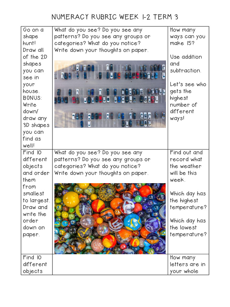 Numeracy Rubric Week 1-2 Term 3 | PDF