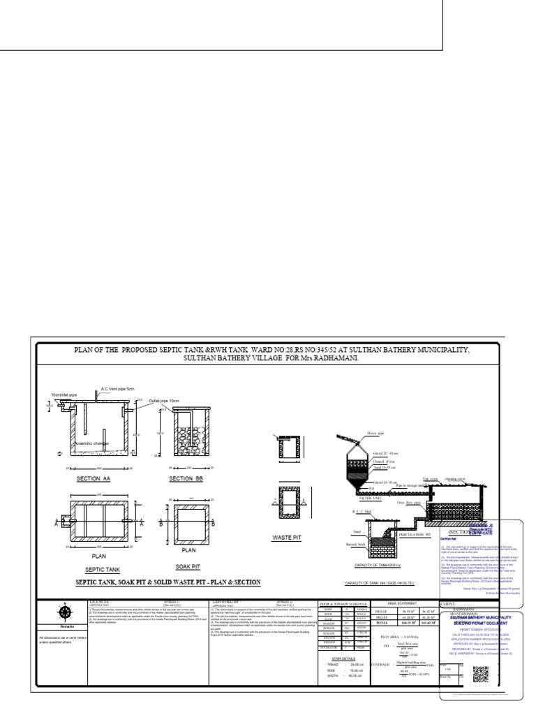 Plan of The Proposed Septic Tank &RWH Tank Ward No:28, Rs No:345/52 at Sulthan Bathery ...
