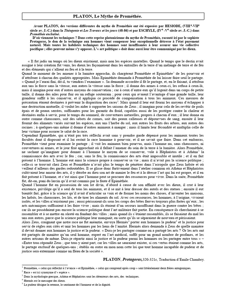 Le Mythe de Prométhée selon Platon | PDF | Prométhée | Platon