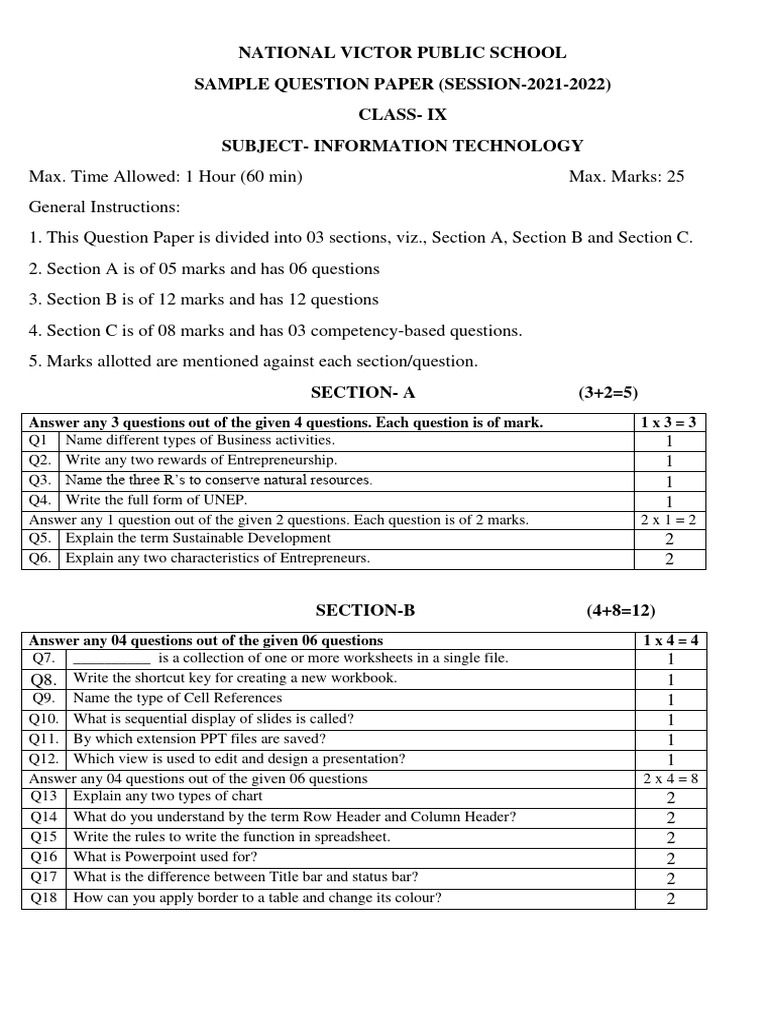SAMPLE QUESTION PAPER | Download Free PDF | Spreadsheet | Application ...