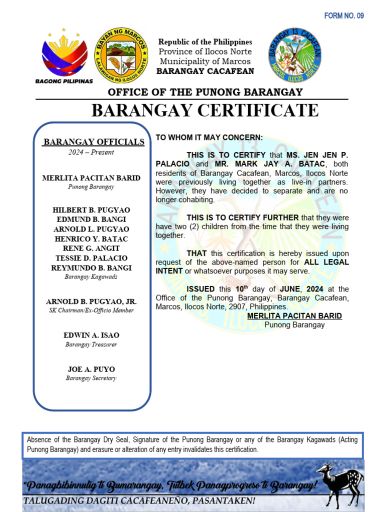Form #9 - Barangay Certificate (No Living Together) | PDF