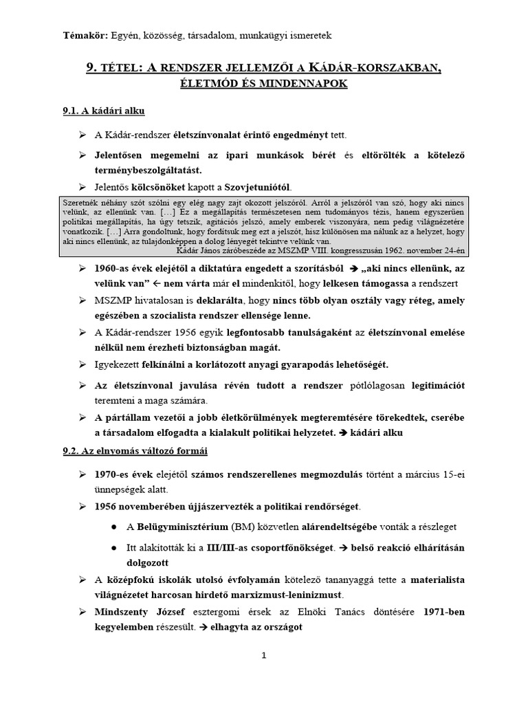Tetel A Rendszer Jellemzoi A Kadar-Korszakban Eletmod Es Mindennapok | PDF
