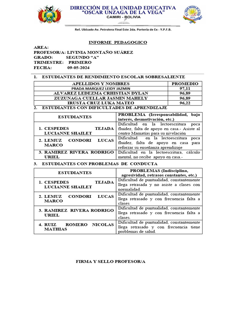 Informe Pedagogico 2024 | PDF