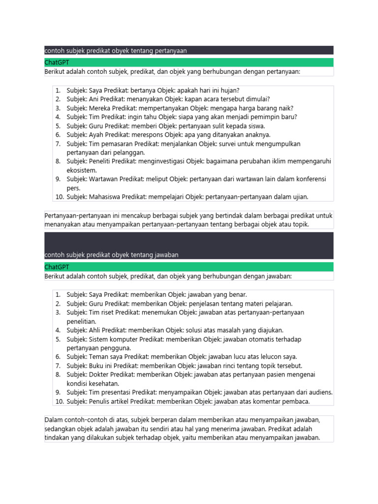 Contoh Subjek, Predikat, dan Objek | PDF