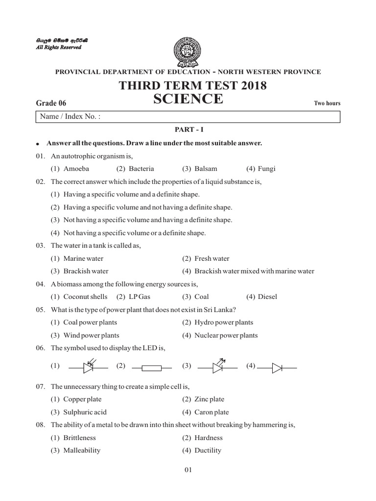Grade 06 Science 3rd Term Test Paper 2018 English Medium - North ...