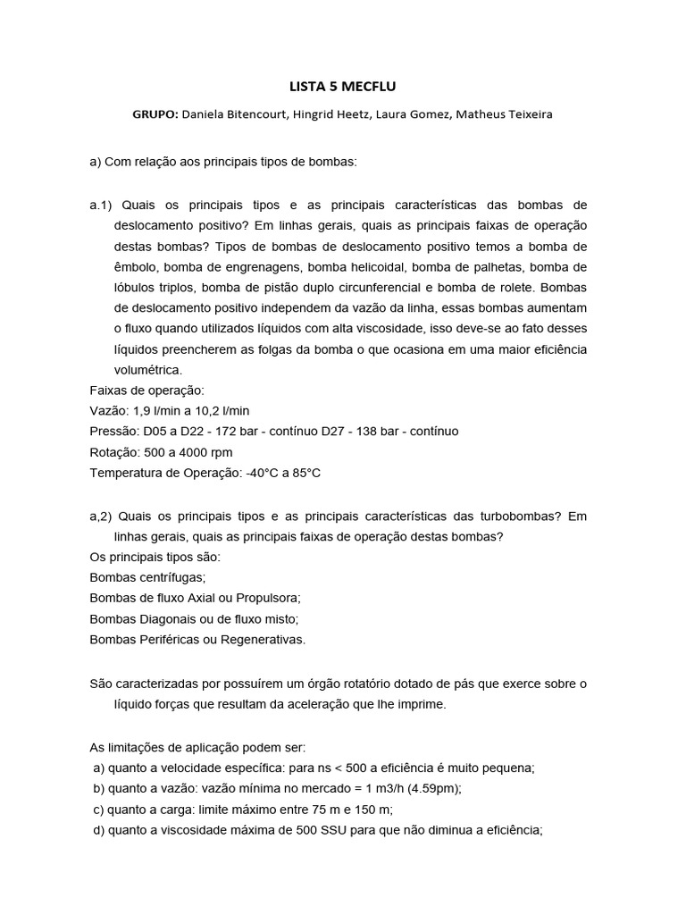 Lista 5 Mecflu | PDF | Bomba | Mecânica de continuidade