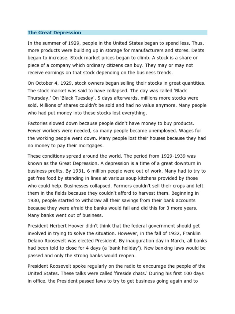 The Great Depression read comprehension | Download Free PDF | Great ...