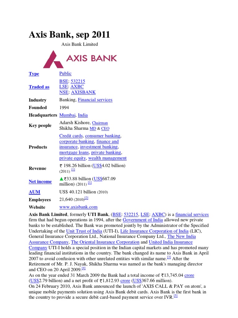 Axis Bank, Sep 2011: Industry Founded Headquarters Key People | PDF ...