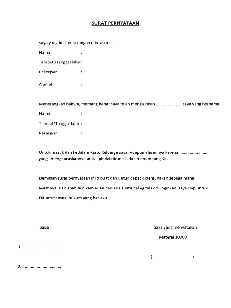 SURAT PERNYATAAN Pindah Numpang Kk (2) | PDF