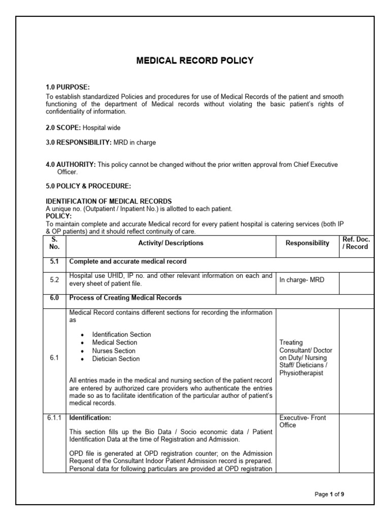 IMS 3 - 4 - Medical Record Policy | PDF | Medical Record | Medical ...