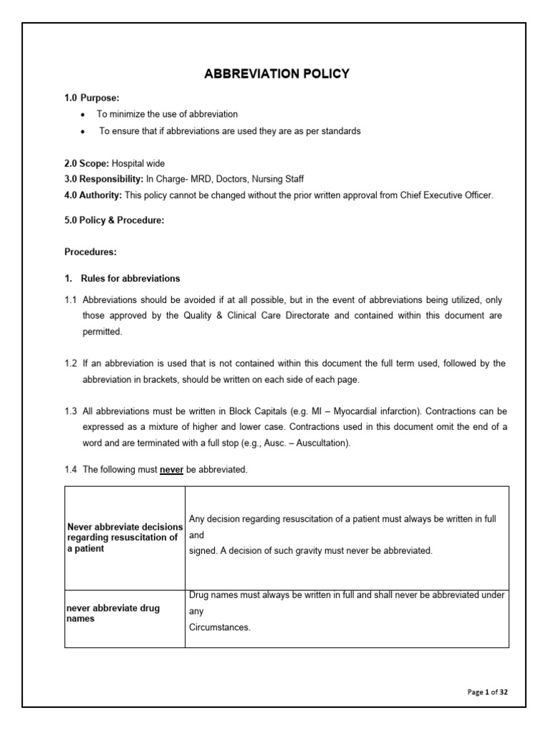 Abbreviation Usage Policy in Healthcare | PDF | Medical Prescription ...