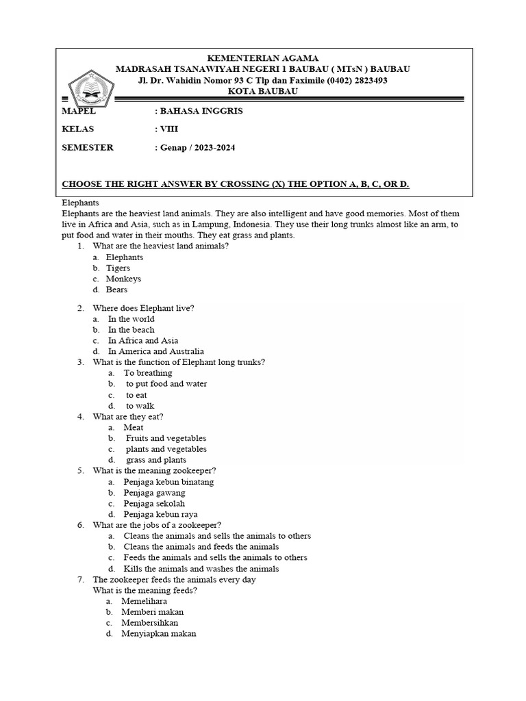 Soal Bahasa Inggris Kelas 8 2024 H. JAFAR KARIM, S.Pd.,M.Hum | PDF