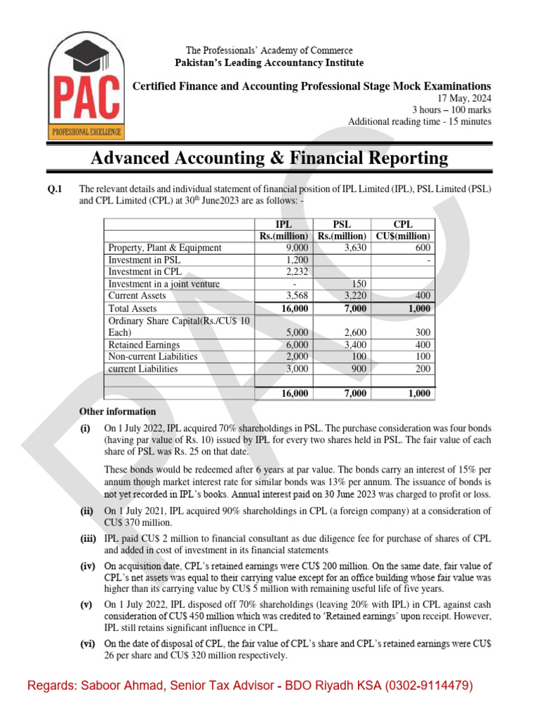 Pac All Cfap Mocks QP With Solutions Compiled by Saboor Ahmad | PDF ...