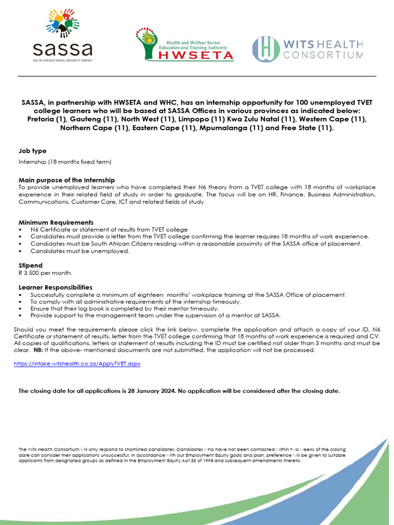 TVET Internship SASSA Advert 15 01 2024 | PDF | Internship | Job Hunting