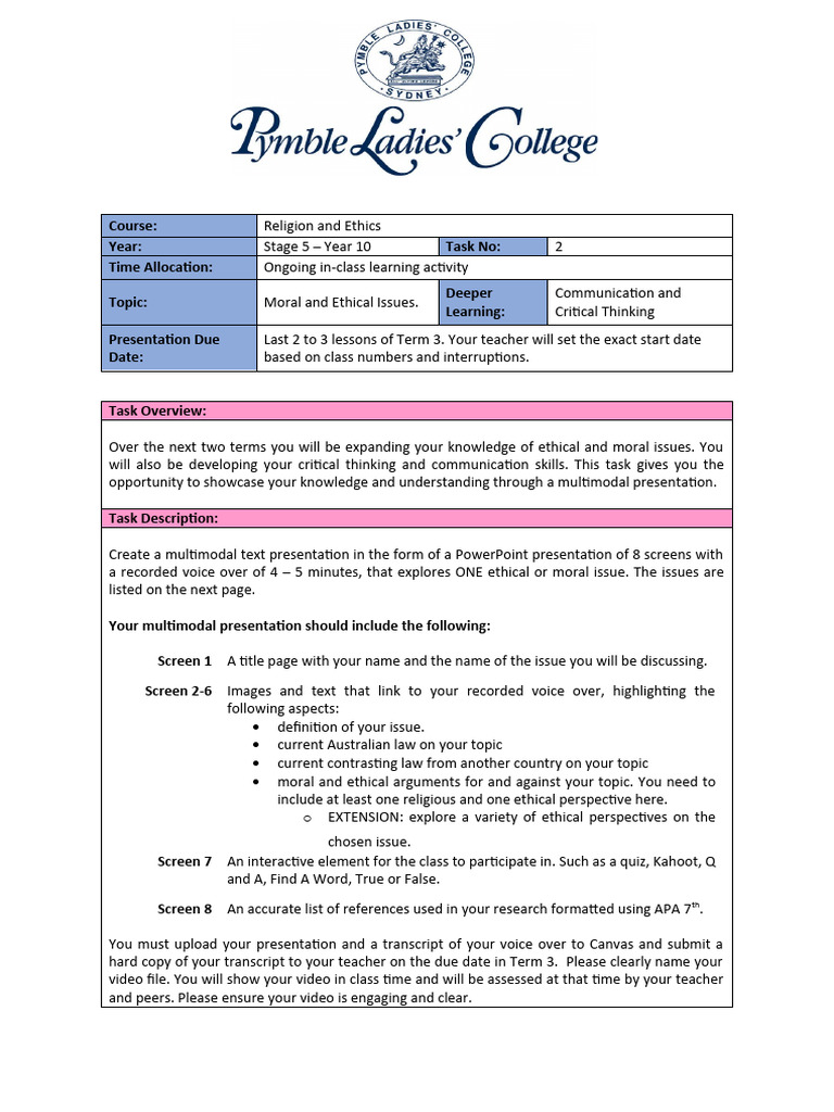 Year 10 Applying Ethical Theories Term 2 Project | PDF | Communication | Thought