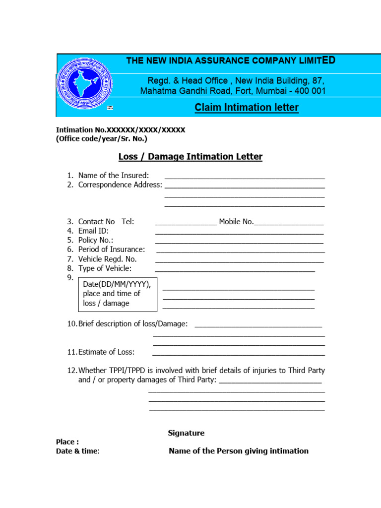 New India Assurance Claim Intimation Form | PDF