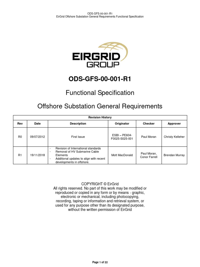 ODS GFS 00 001 R1 Offshore Substation Functional Specification | PDF | Electrical Substation ...