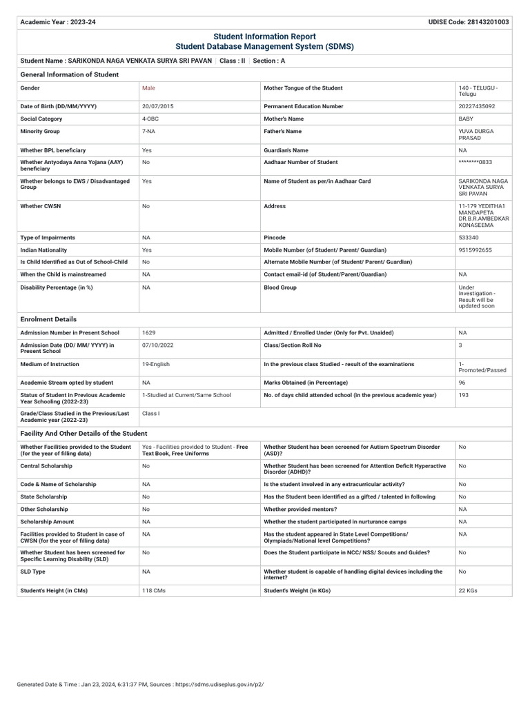 Sarikonda Naga Venkata Surya Sri Pavan | PDF | Attention Deficit ...