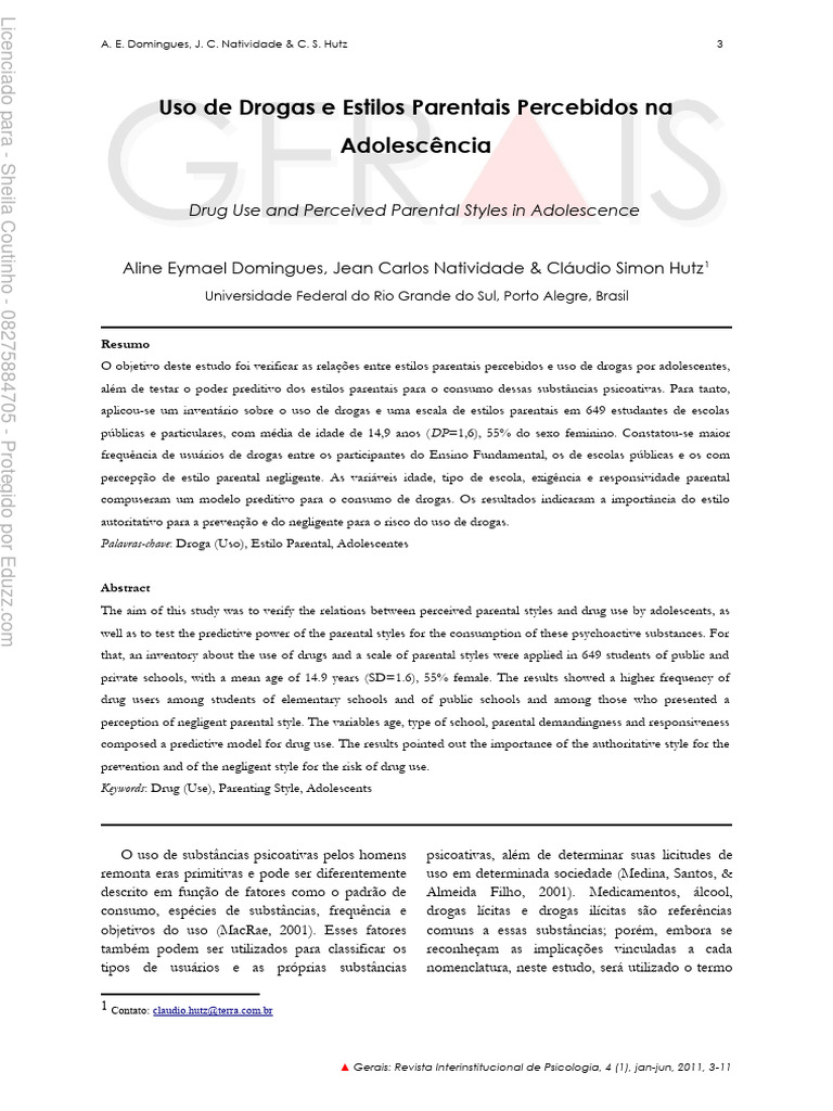 Artigo Complementar Uso de Drogas e Estilos Parentais Percebidos Na Adolescencia | PDF ...