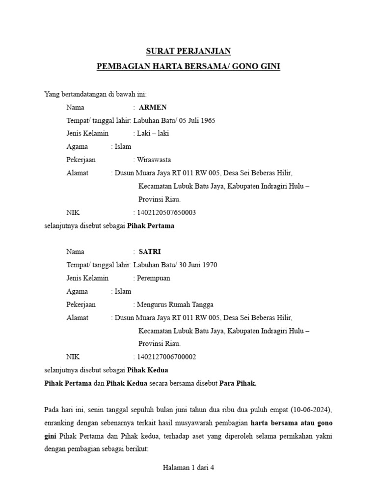 Surat Perjanjian Pembagian Harta Bersama | PDF